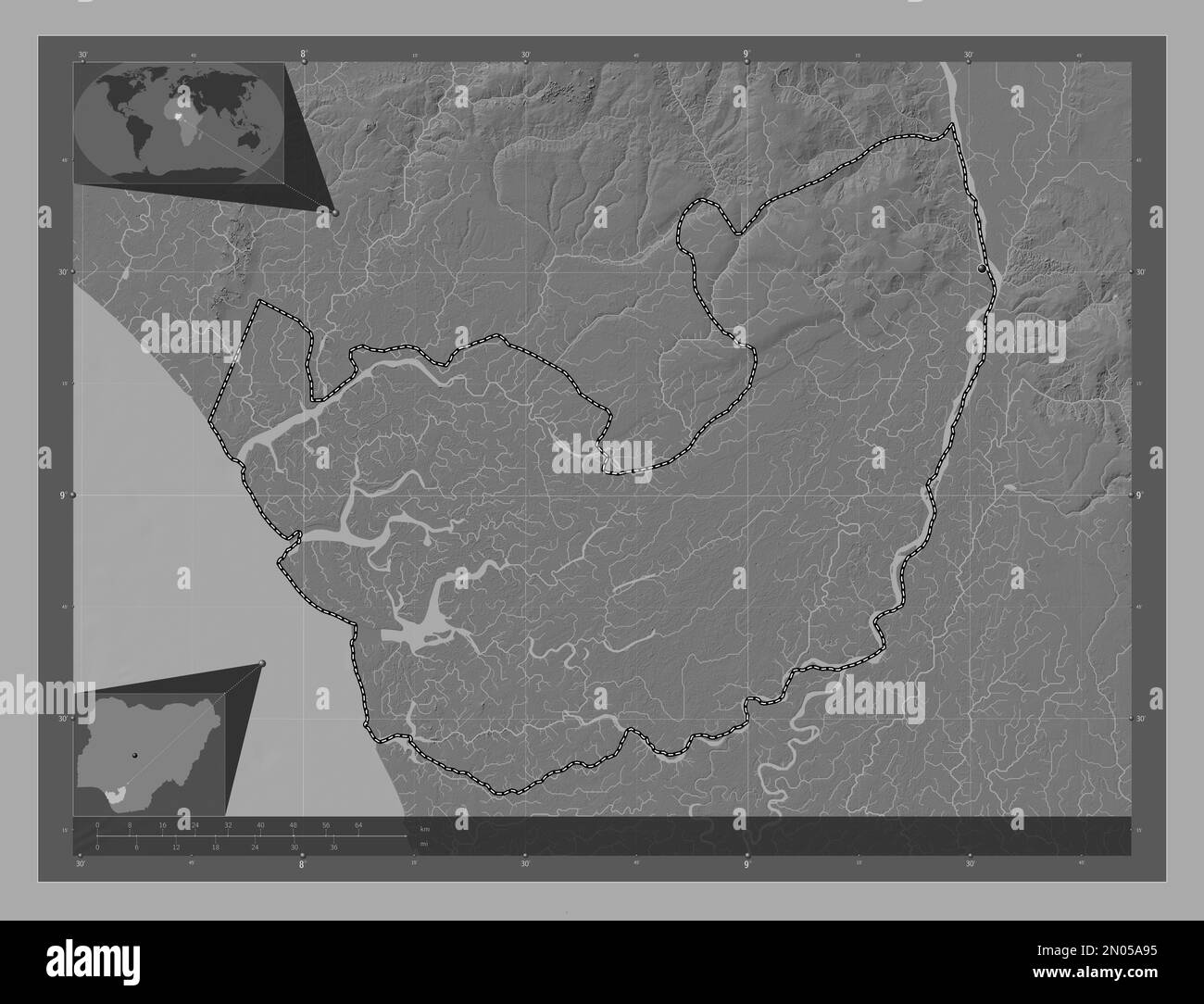 Delta, state of Nigeria. Bilevel elevation map with lakes and rivers ...