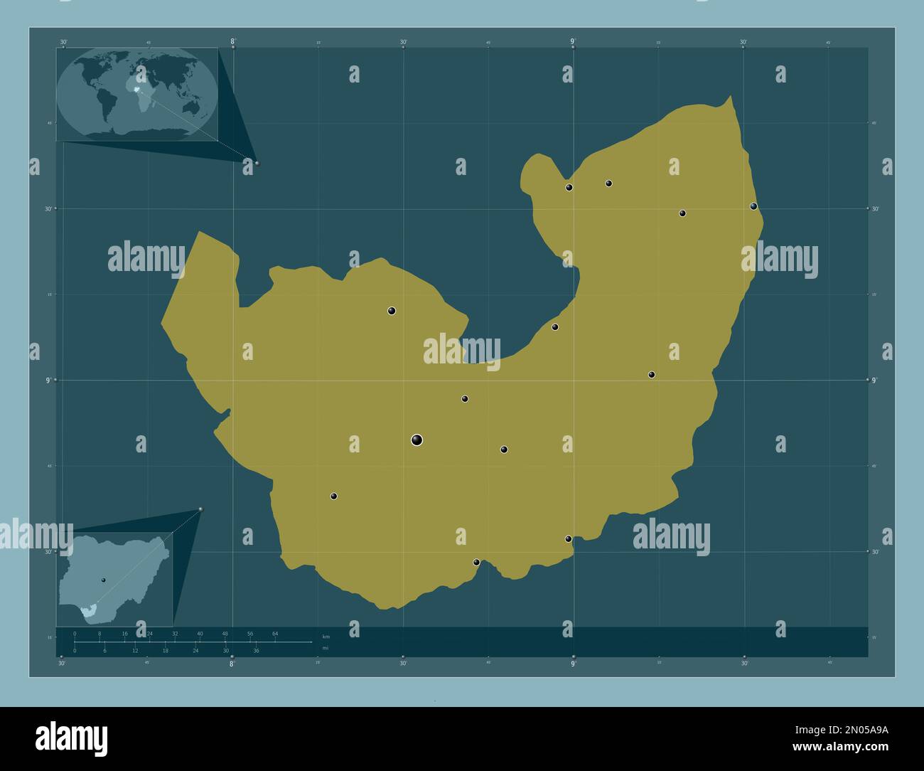 Delta, state of Nigeria. Solid color shape. Locations of major cities ...