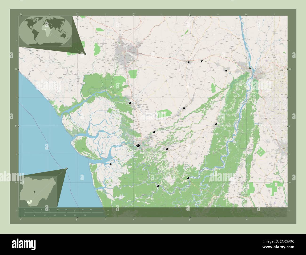 Delta, state of Nigeria. Open Street Map. Locations of major cities of ...