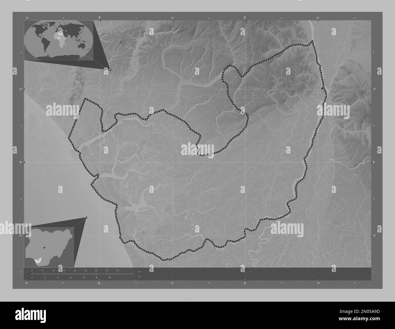 Delta, state of Nigeria. Grayscale elevation map with lakes and rivers ...