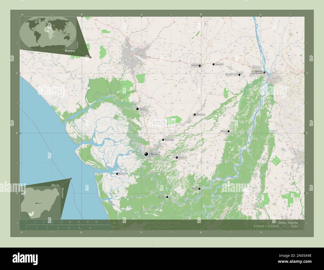 Delta, state of Nigeria. Open Street Map. Locations and names of major ...