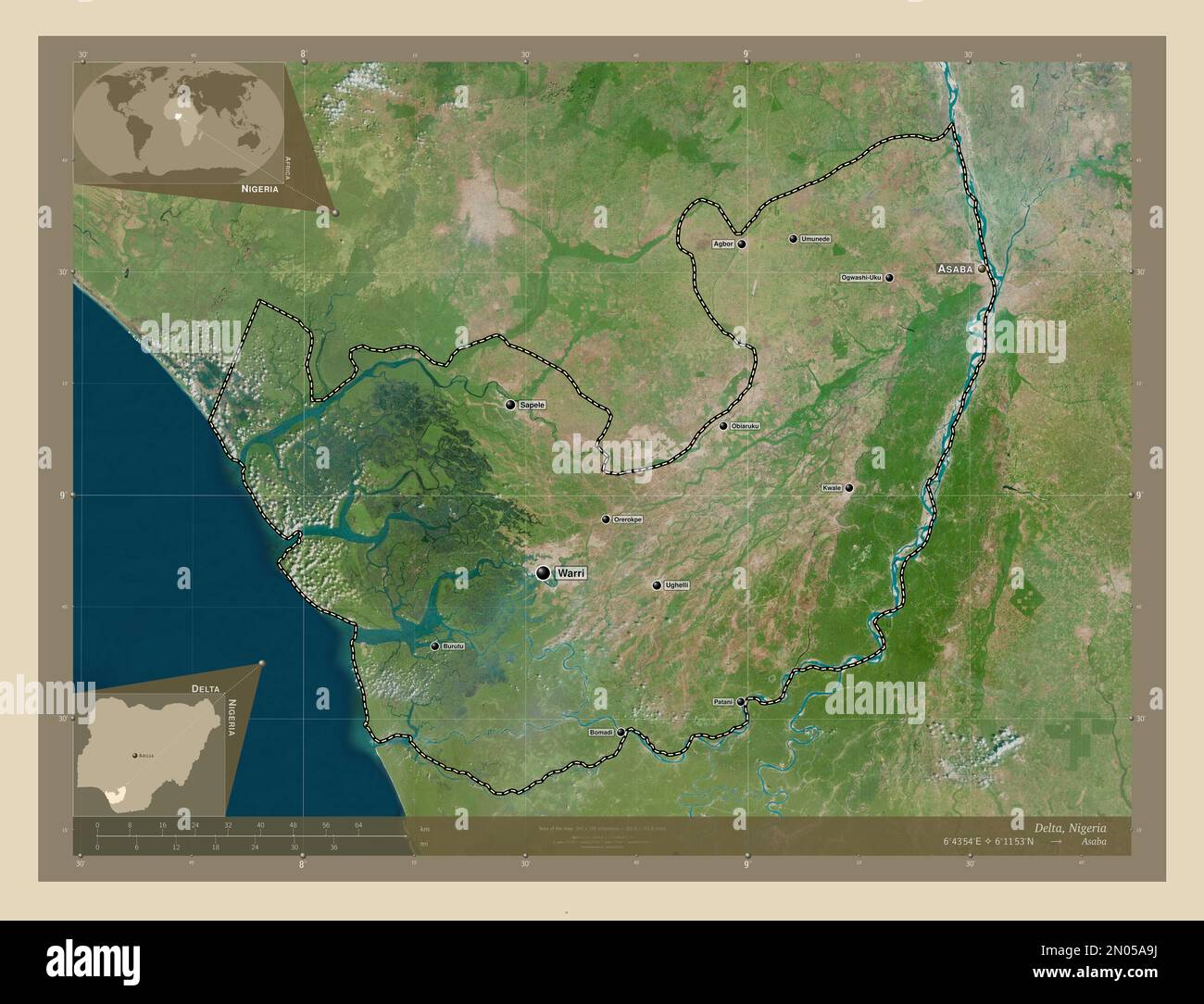 Delta, state of Nigeria. High resolution satellite map. Locations and ...