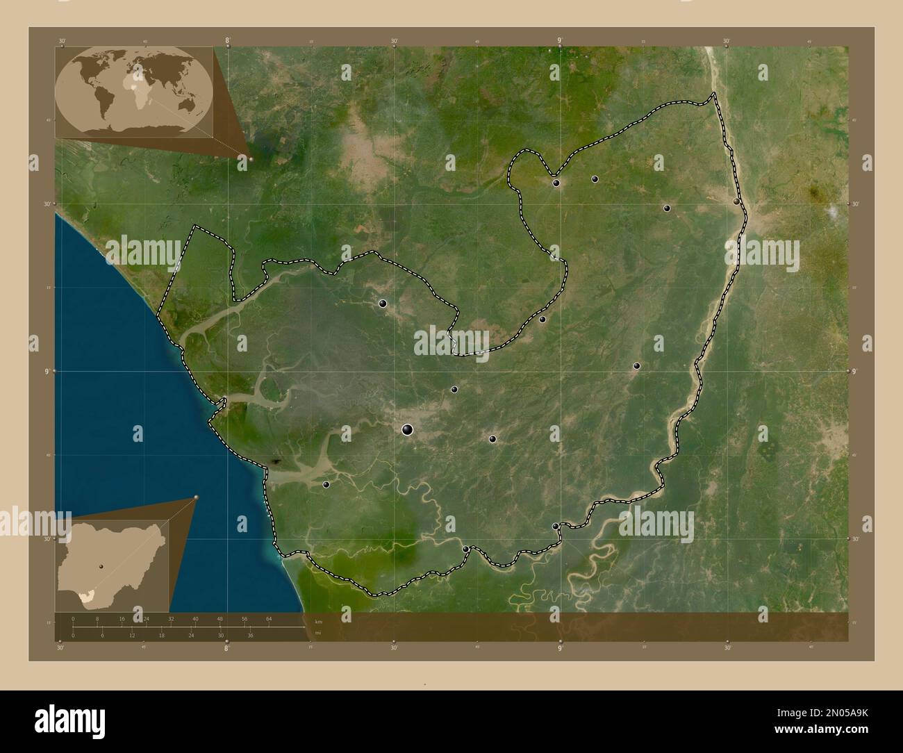 Delta, state of Nigeria. Low resolution satellite map. Locations of ...