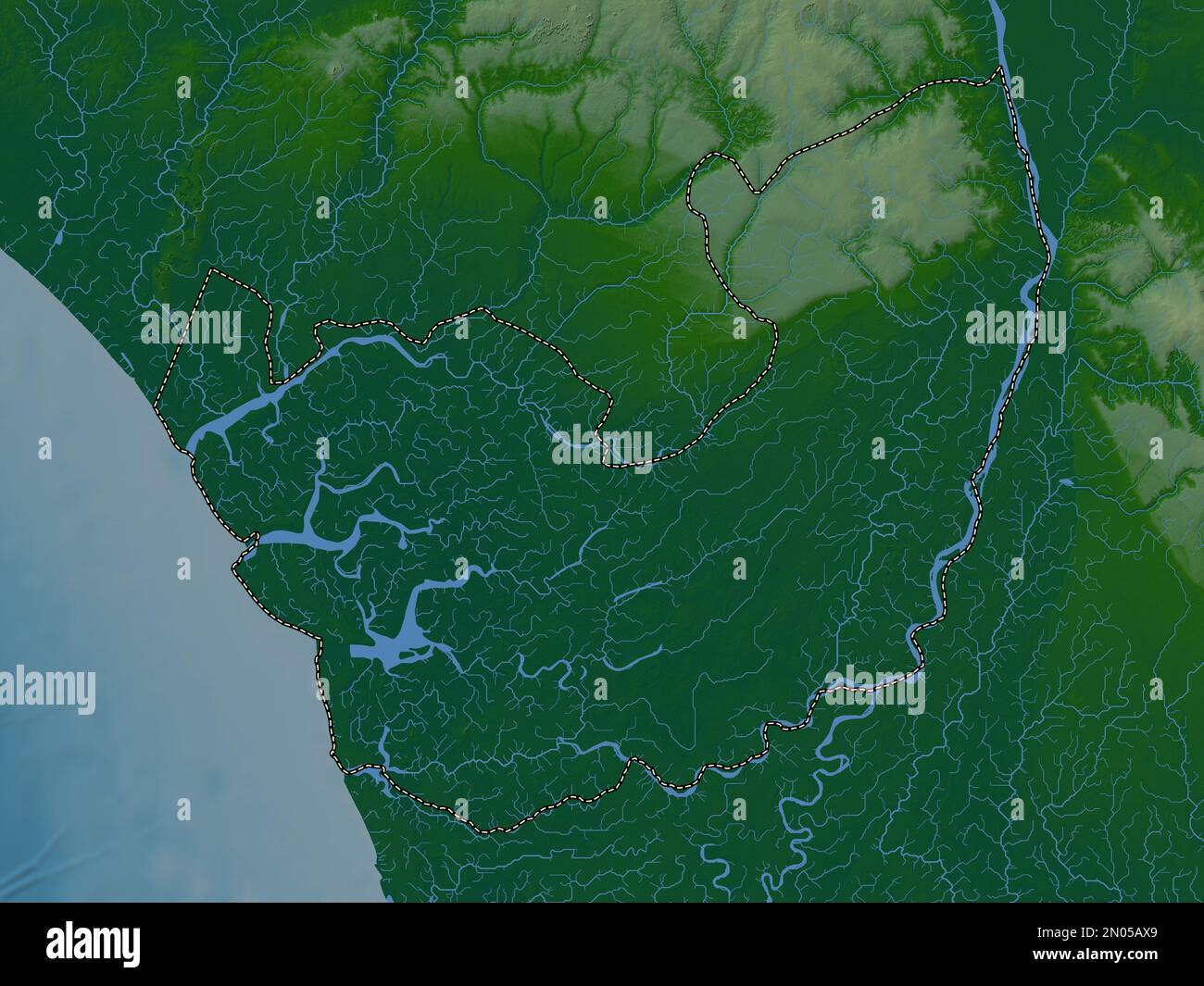 Delta, state of Nigeria. Colored elevation map with lakes and rivers ...