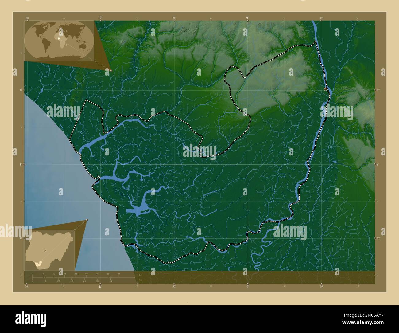 Delta, state of Nigeria. Colored elevation map with lakes and rivers ...