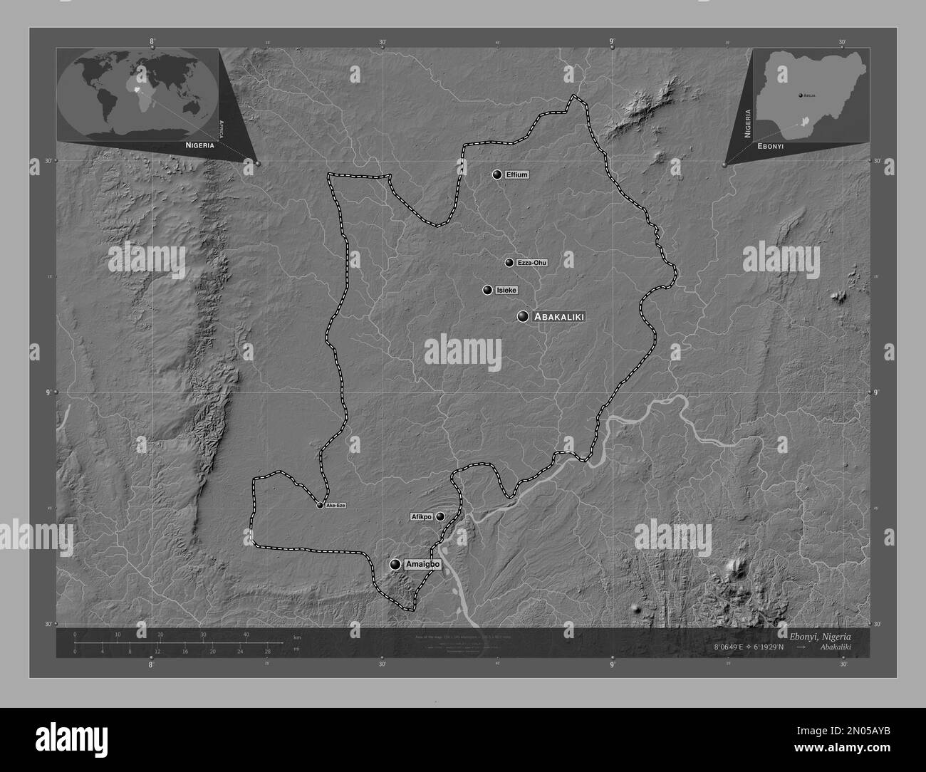 Ebonyi, state of Nigeria. Bilevel elevation map with lakes and rivers ...