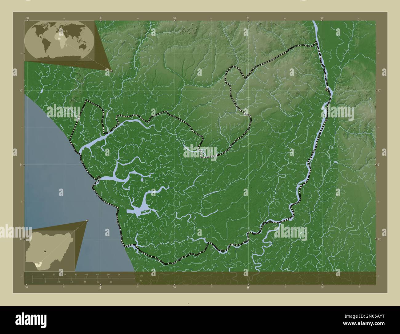 Delta, state of Nigeria. Elevation map colored in wiki style with lakes ...