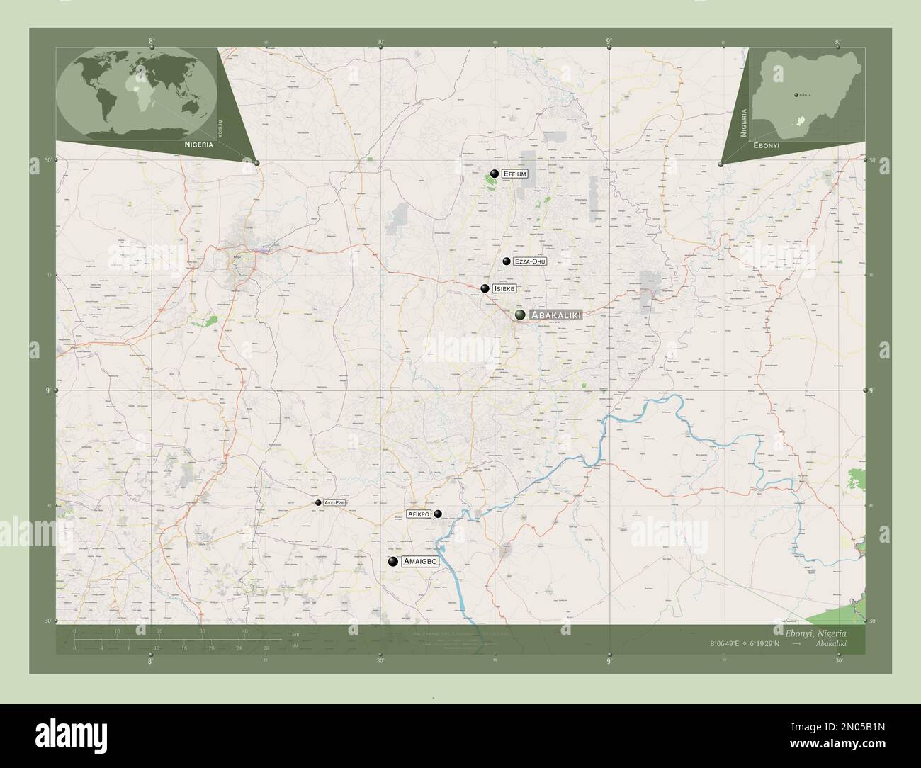 Ebonyi, state of Nigeria. Open Street Map. Locations and names of major ...