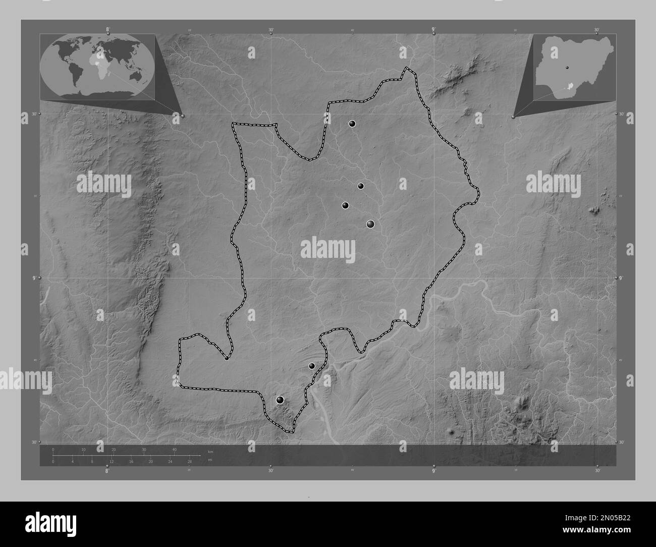 Ebonyi, state of Nigeria. Grayscale elevation map with lakes and rivers ...