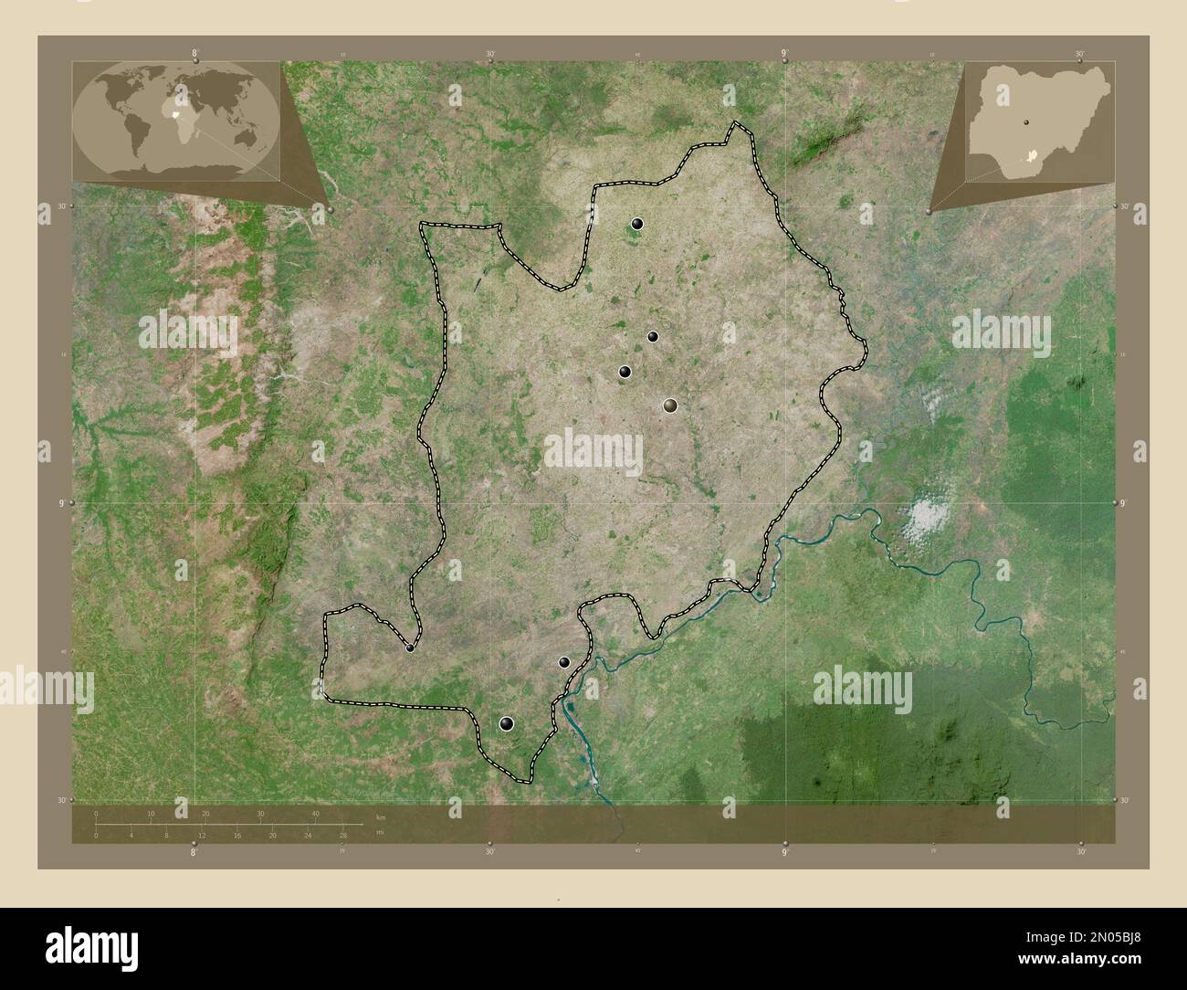 Ebonyi, state of Nigeria. High resolution satellite map. Locations of major cities of the region ...