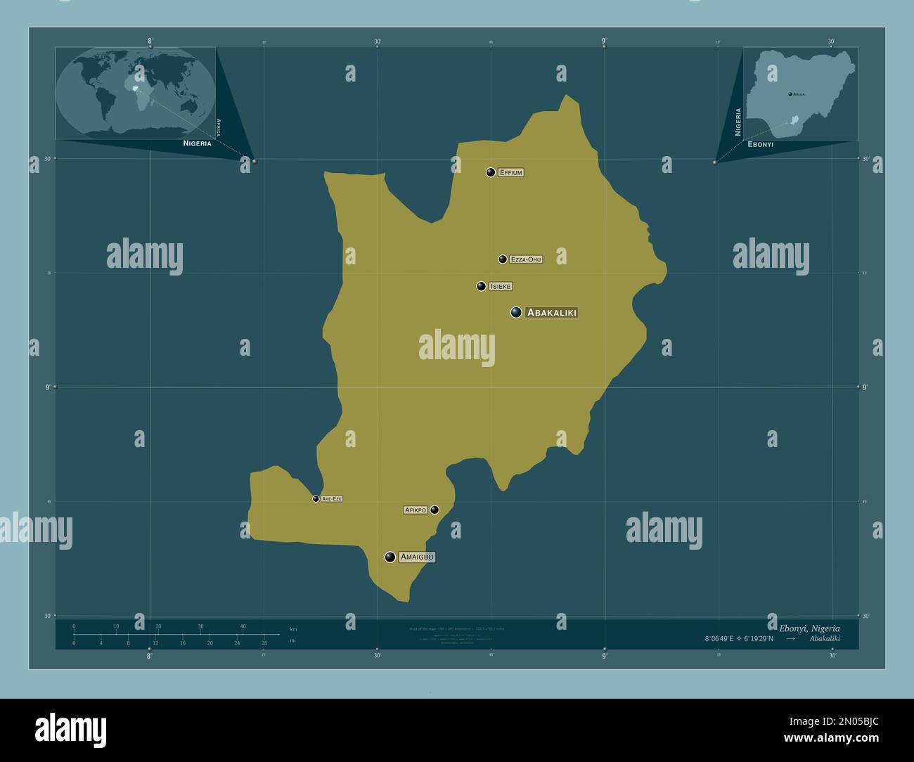 Ebonyi, state of Nigeria. Solid color shape. Locations and names of ...