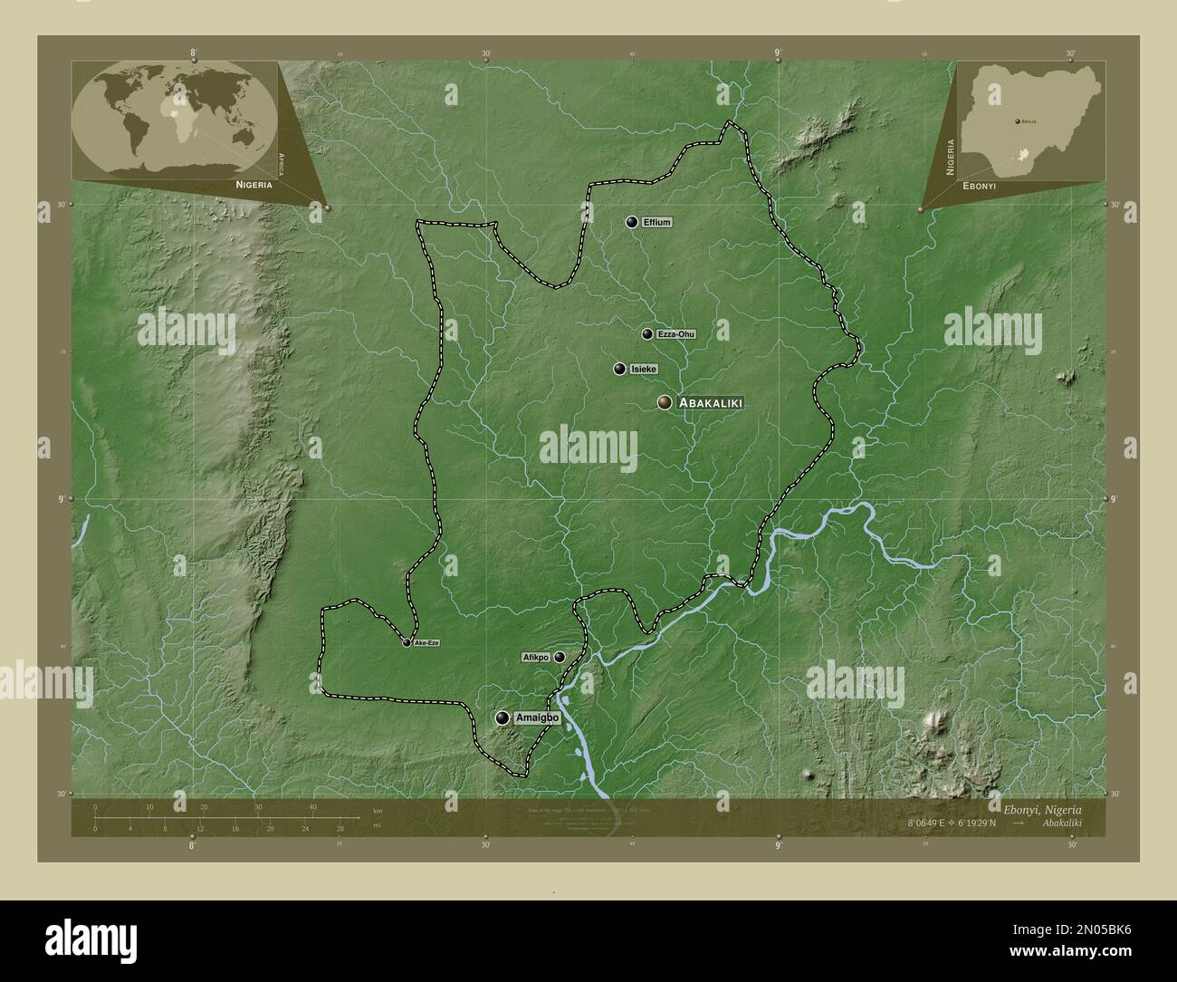 Ebonyi, state of Nigeria. Elevation map colored in wiki style with ...
