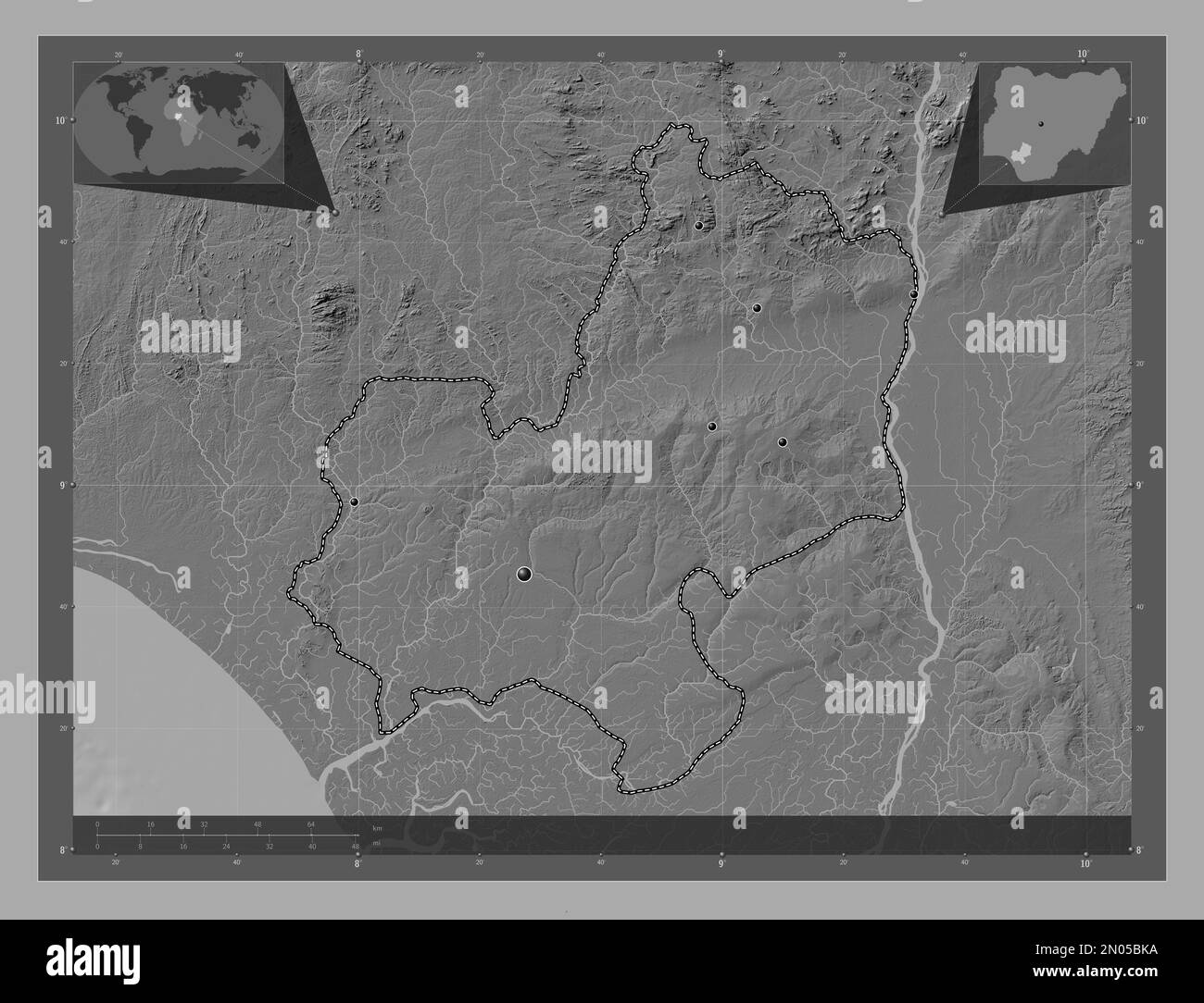Edo, state of Nigeria. Bilevel elevation map with lakes and rivers ...
