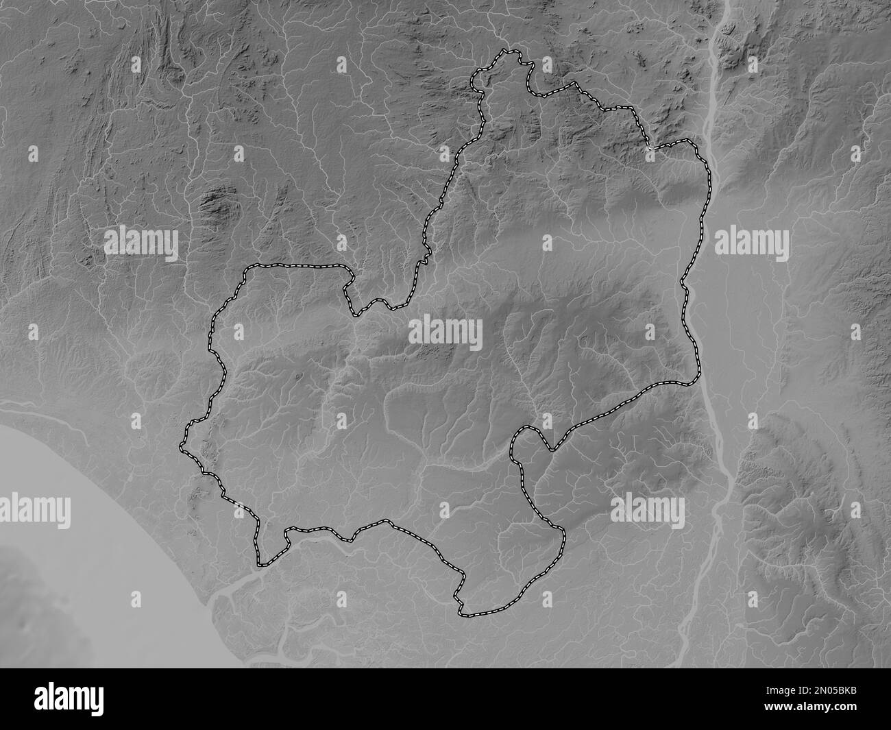 Edo, state of Nigeria. Grayscale elevation map with lakes and rivers ...