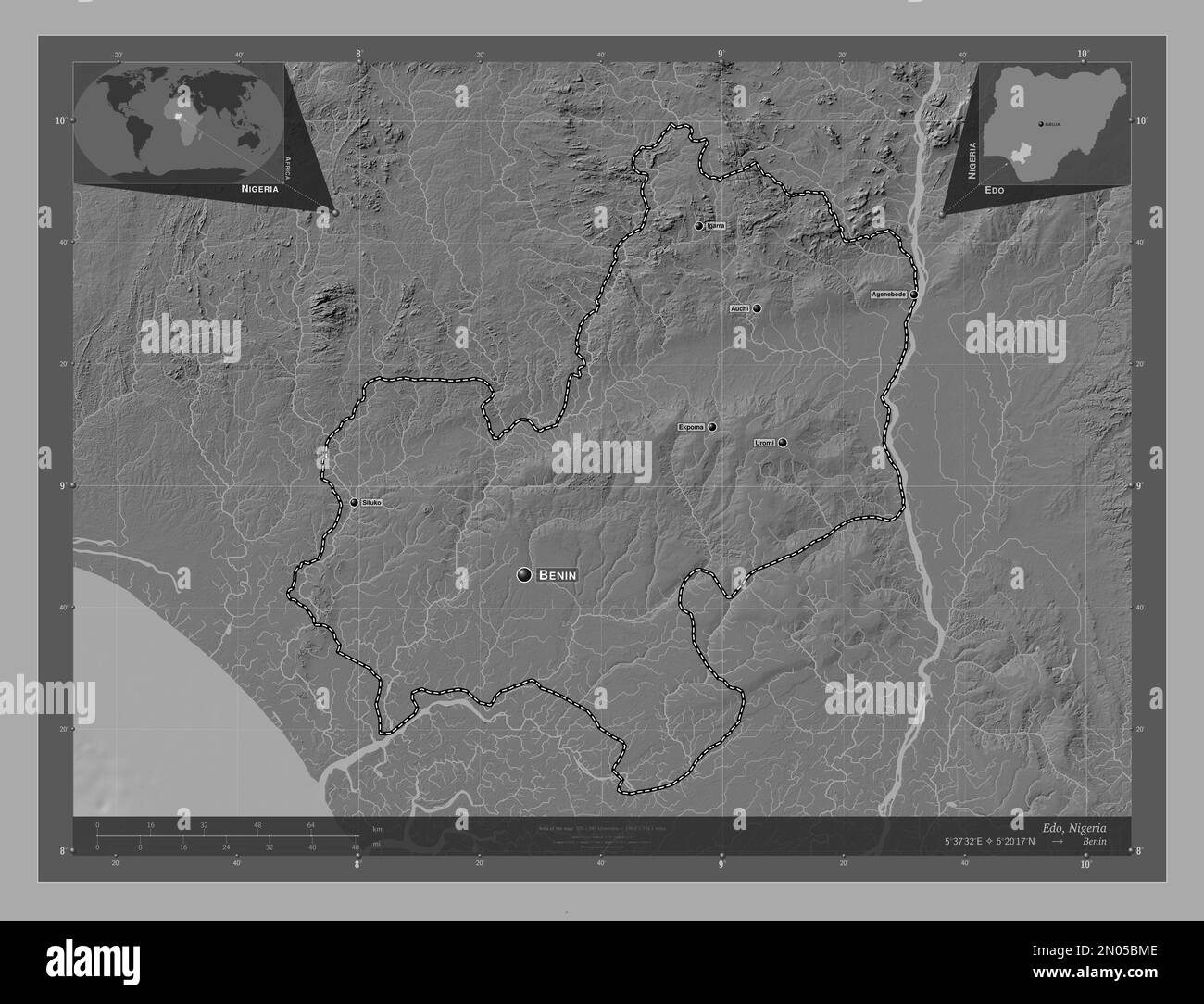 Edo, state of Nigeria. Bilevel elevation map with lakes and rivers ...