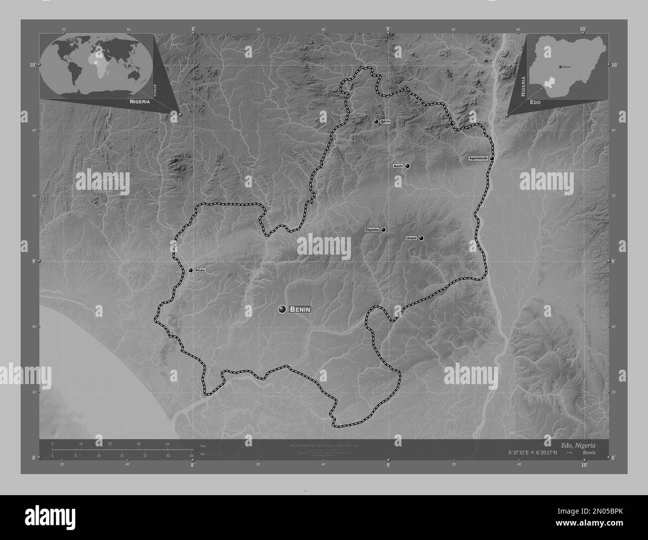 Edo, state of Nigeria. Grayscale elevation map with lakes and rivers ...