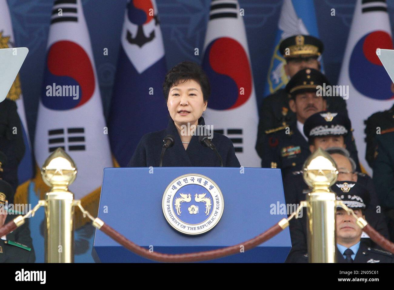 South Korean President Park Geun-hye delivers a speech during a ...