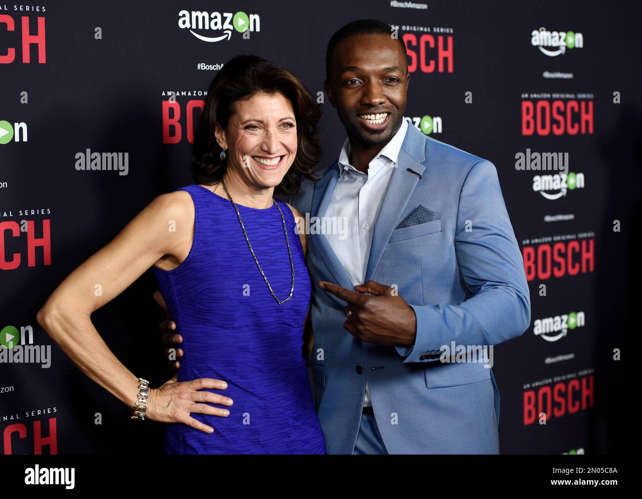 Amy Aquino, left, and Jamie Hector, cast members in "Bosch," pose ...