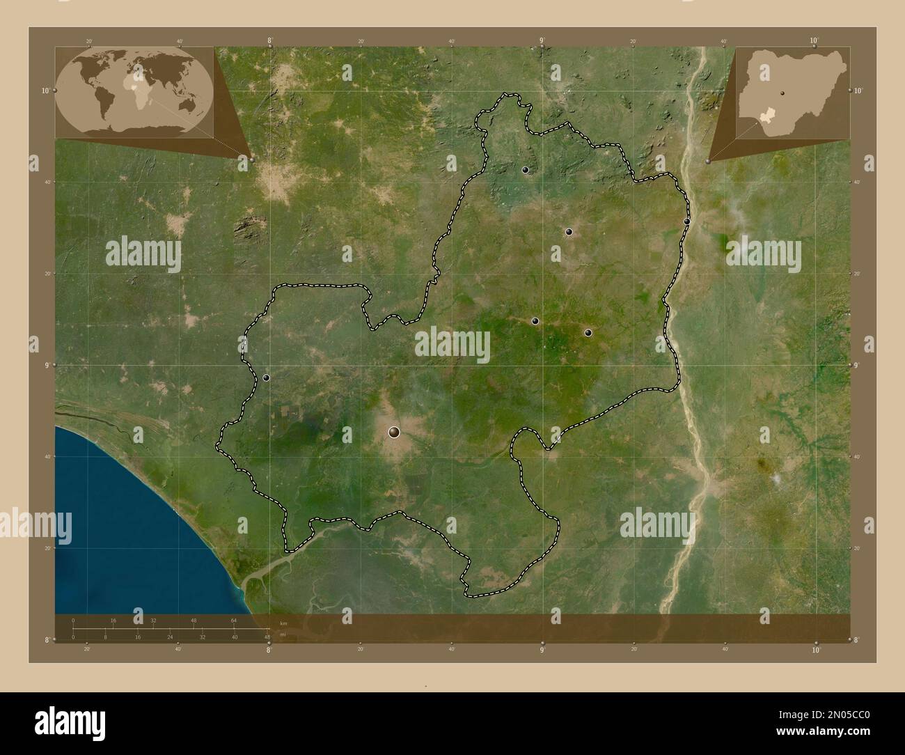 Edo, state of Nigeria. Low resolution satellite map. Locations of major ...