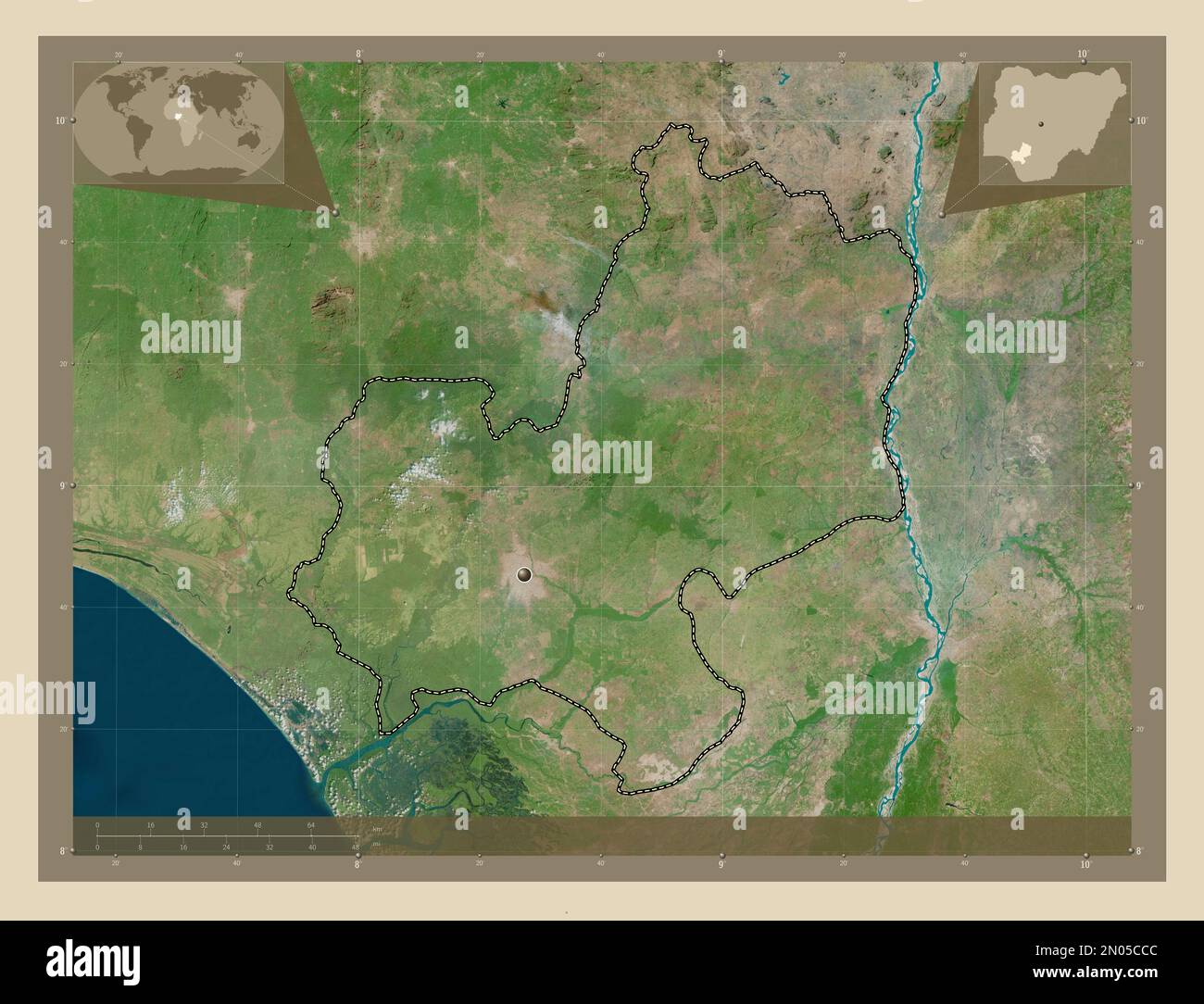 Edo, state of Nigeria. High resolution satellite map. Corner auxiliary ...