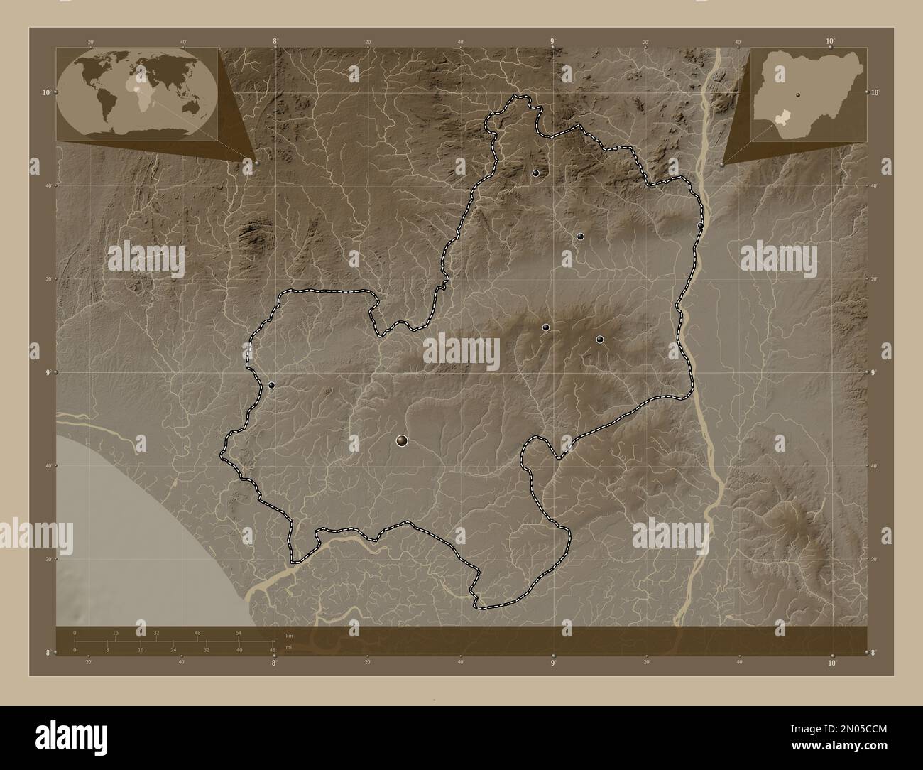 Edo, state of Nigeria. Elevation map colored in sepia tones with lakes ...