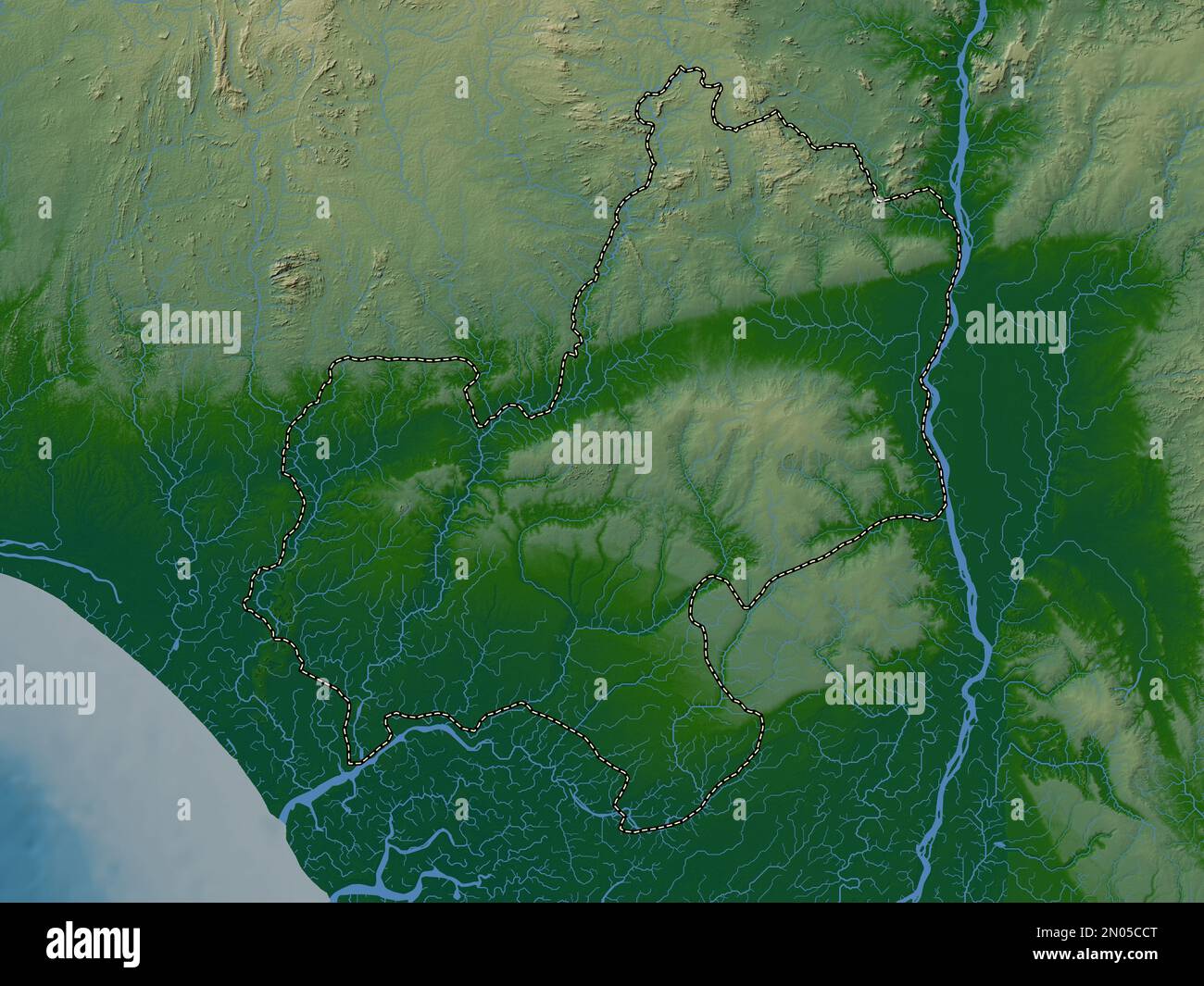 Edo, state of Nigeria. Colored elevation map with lakes and rivers ...