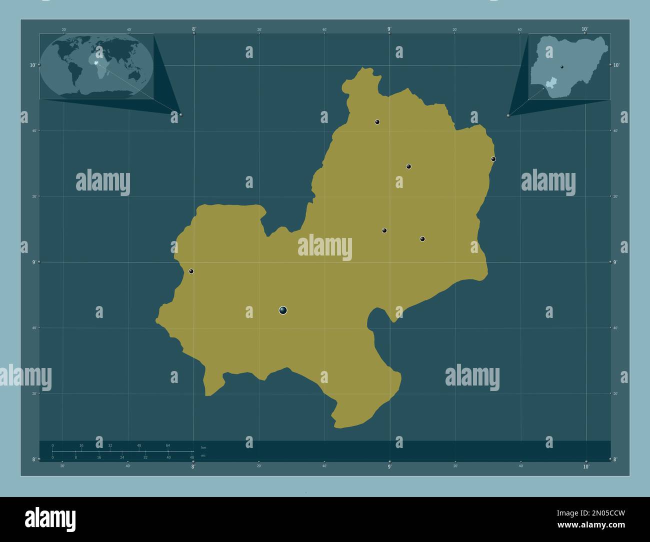 Edo, state of Nigeria. Solid color shape. Locations of major cities of ...