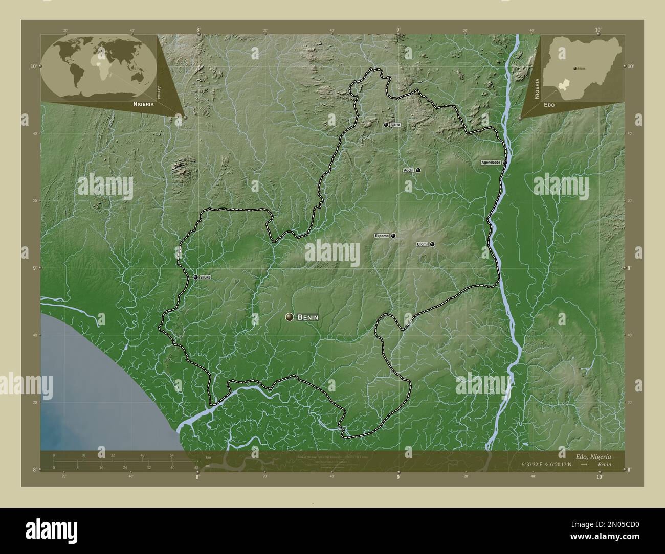Edo, state of Nigeria. Elevation map colored in wiki style with lakes ...