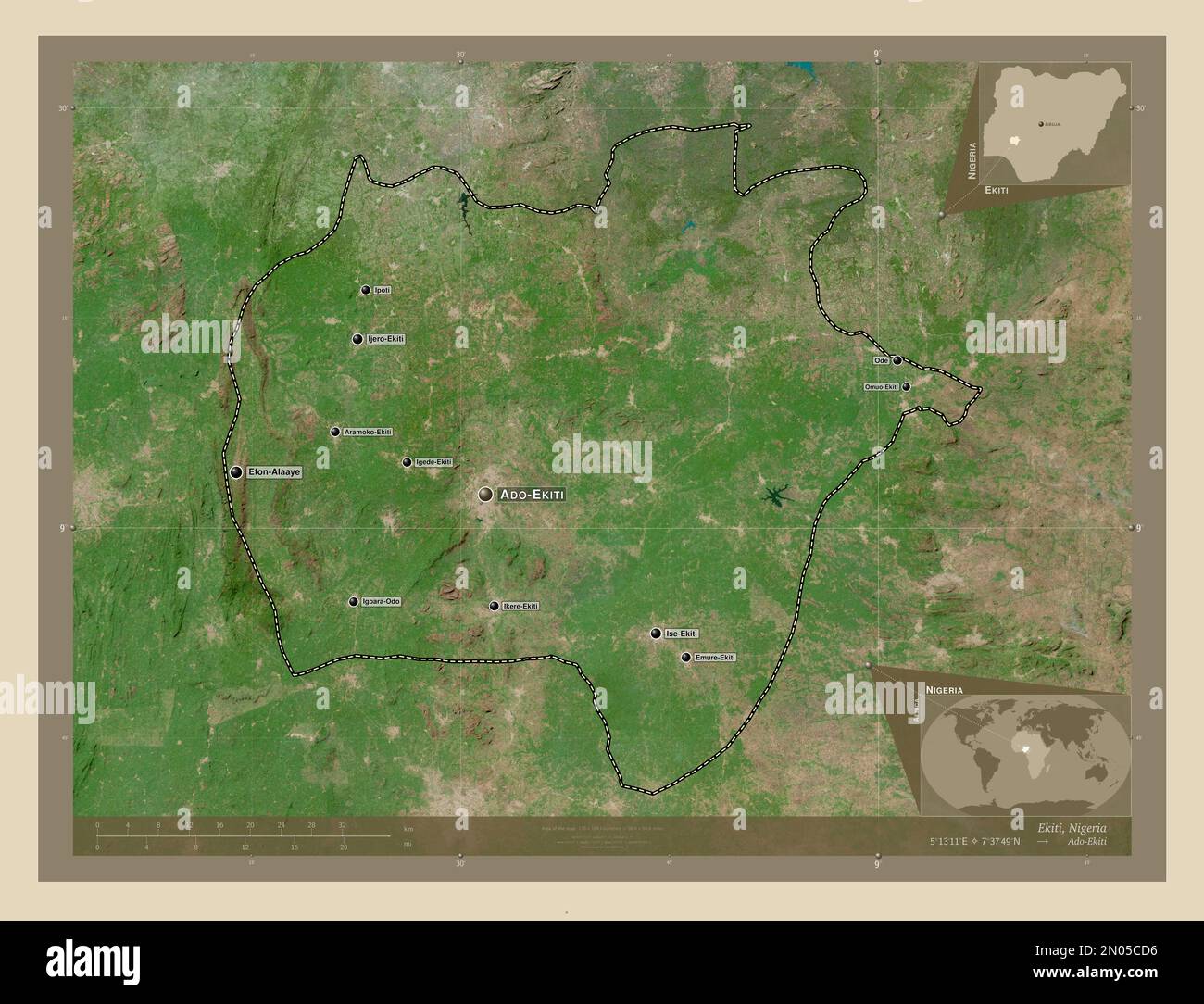 Ekiti, state of Nigeria. High resolution satellite map. Locations and ...