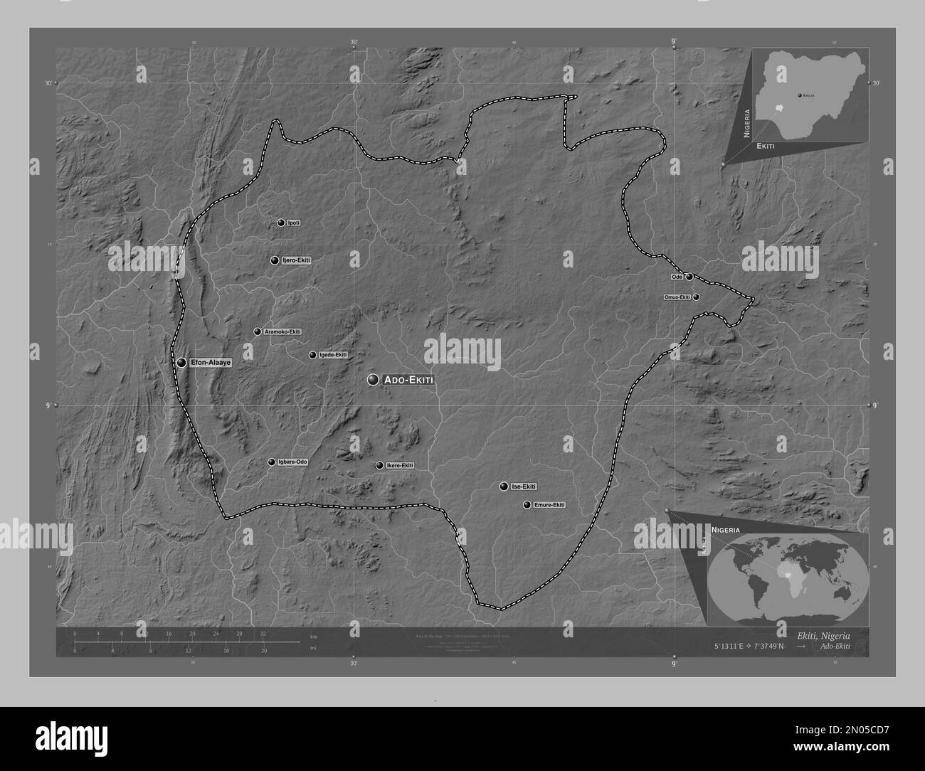 Ekiti, state of Nigeria. Grayscale elevation map with lakes and rivers ...