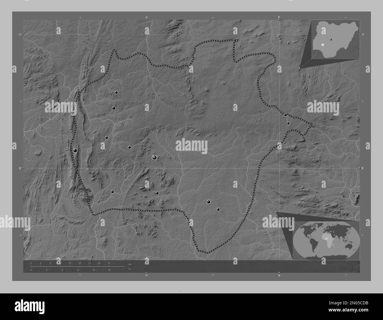 Ekiti, state of Nigeria. Grayscale elevation map with lakes and rivers ...