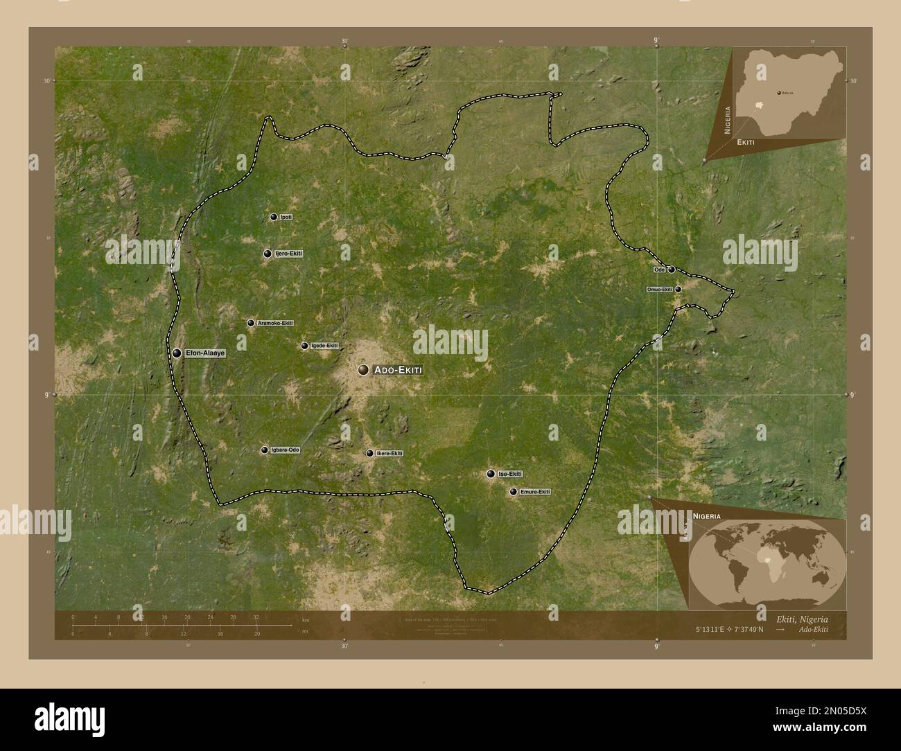 Ekiti, state of Nigeria. Low resolution satellite map. Locations and ...