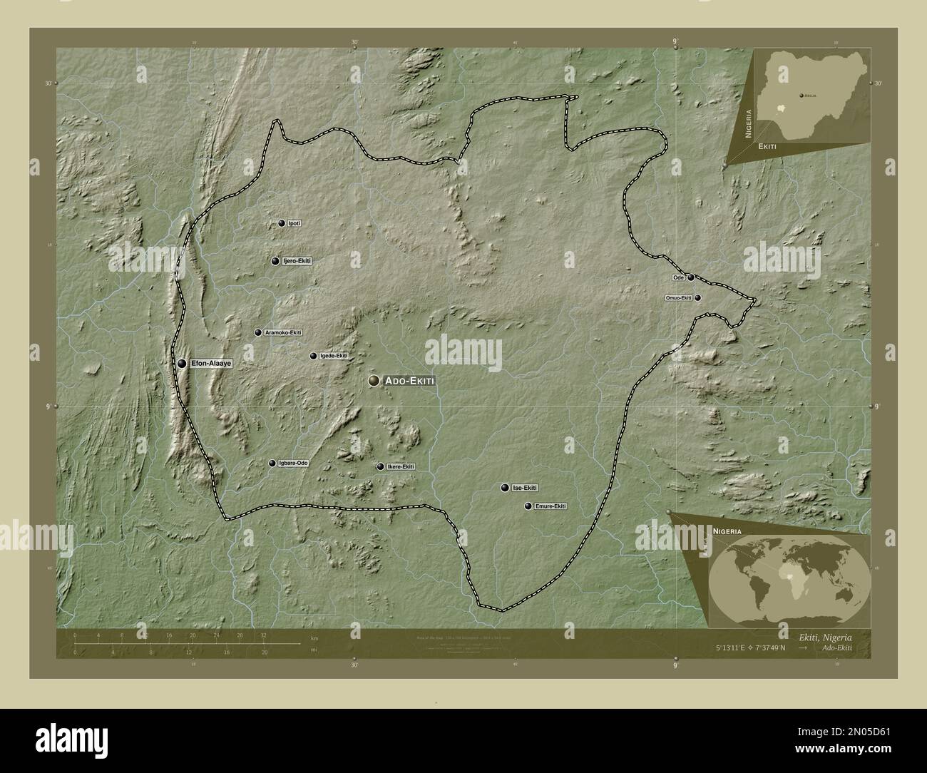 Ekiti, state of Nigeria. Elevation map colored in wiki style with lakes ...