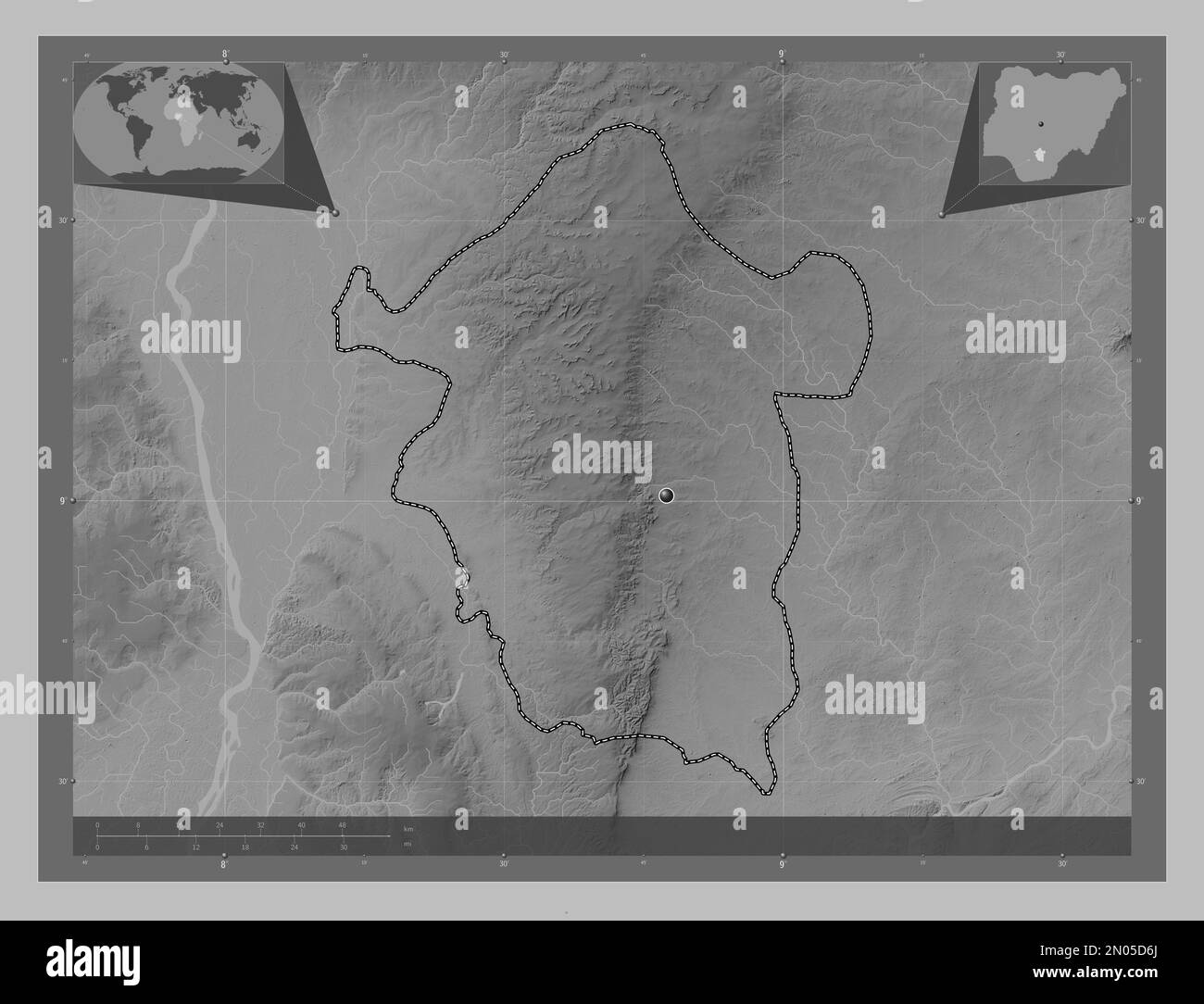 Enugu, state of Nigeria. Grayscale elevation map with lakes and rivers ...
