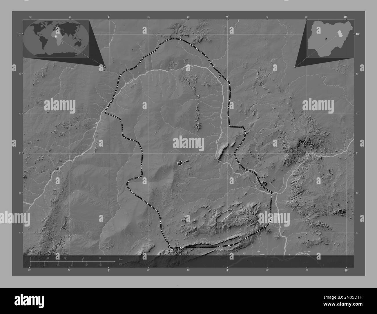 Gombe, state of Nigeria. Bilevel elevation map with lakes and rivers ...