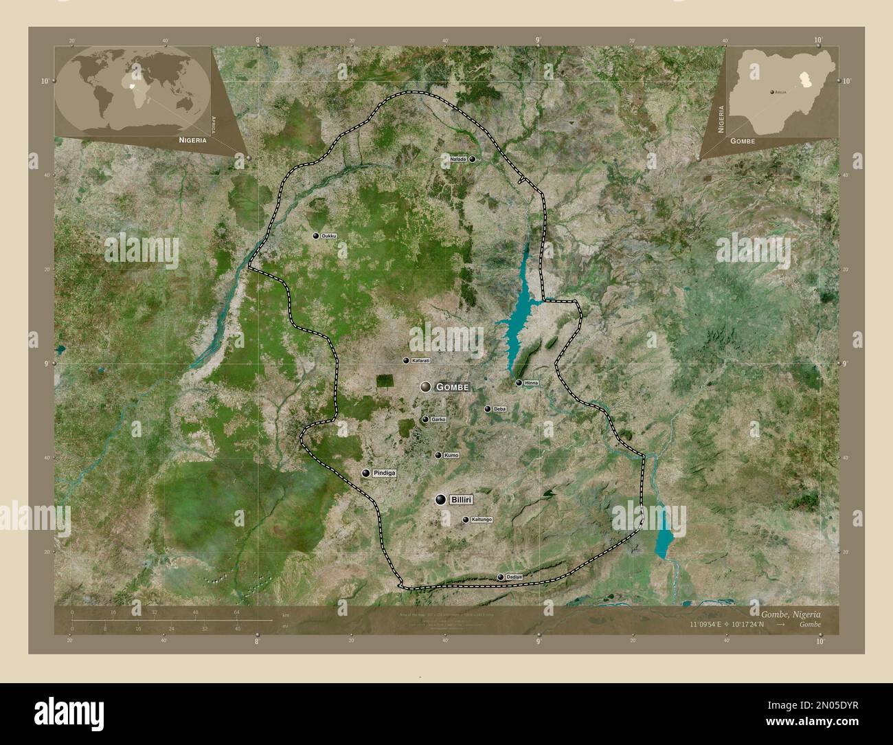 Gombe, state of Nigeria. High resolution satellite map. Locations and ...