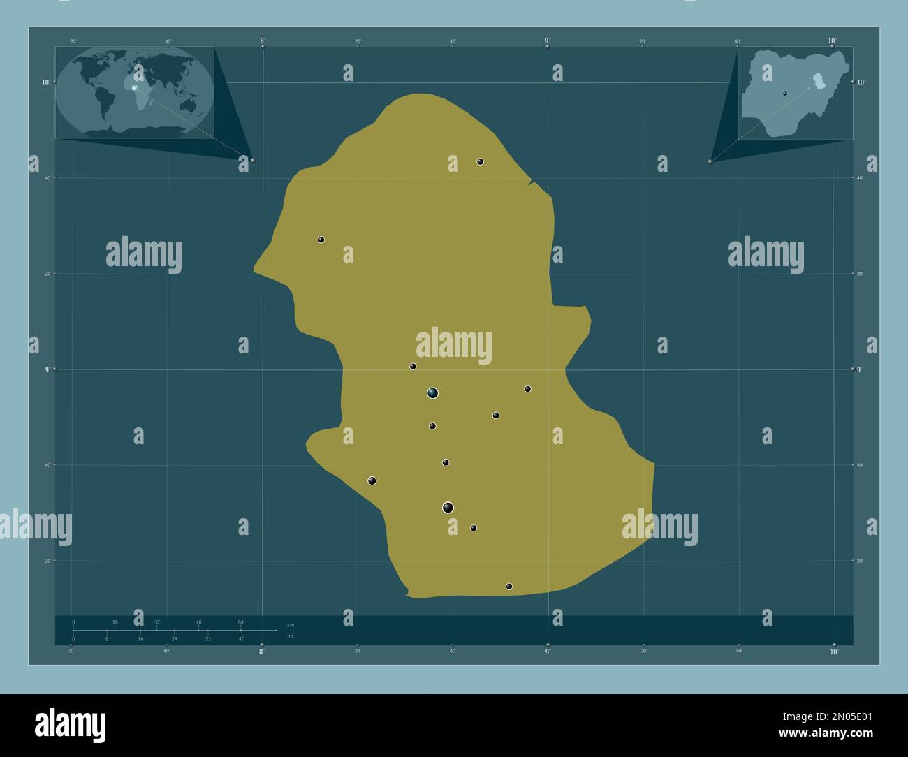 Gombe, state of Nigeria. Solid color shape. Locations of major cities ...