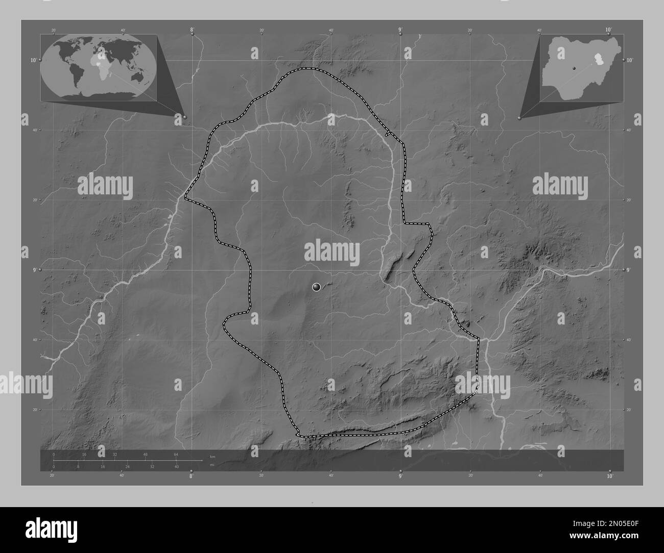 Gombe, state of Nigeria. Grayscale elevation map with lakes and rivers ...