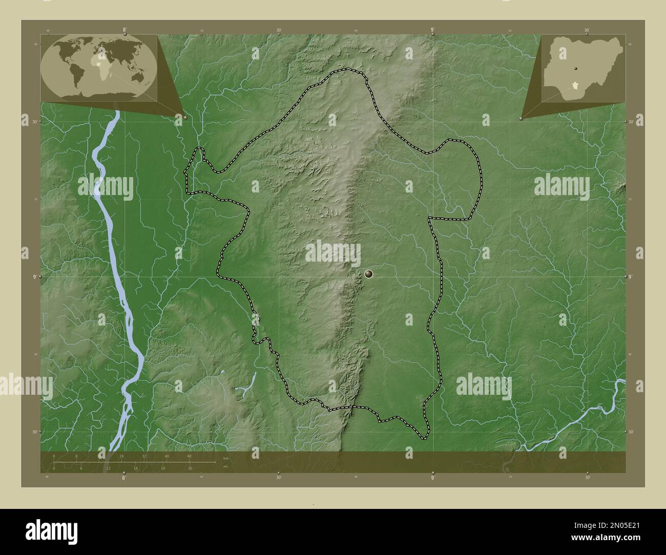 Enugu, state of Nigeria. Elevation map colored in wiki style with lakes ...