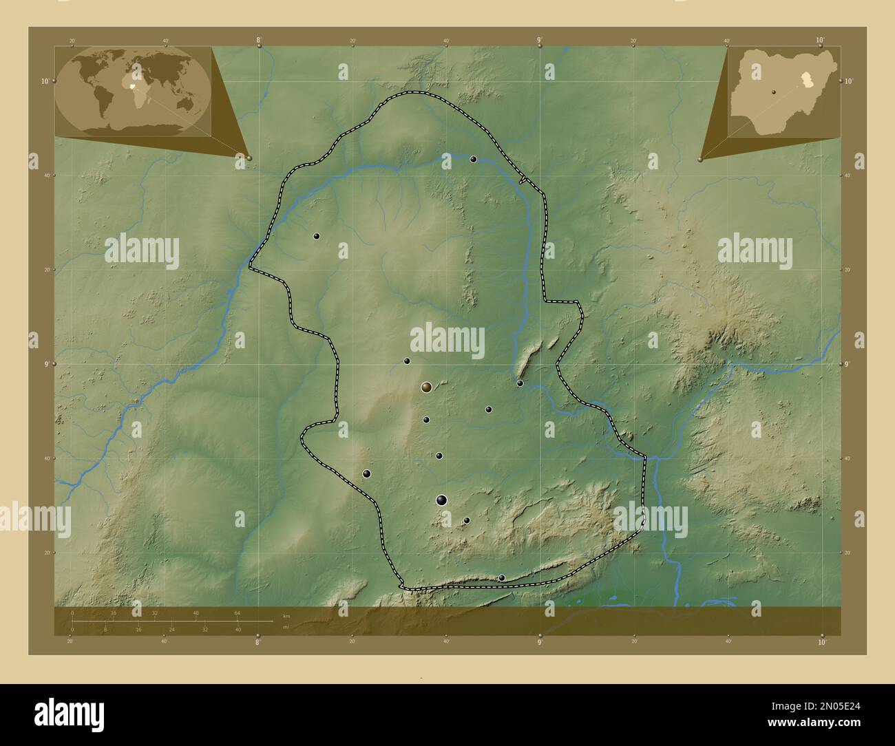 Gombe, state of Nigeria. Colored elevation map with lakes and rivers ...