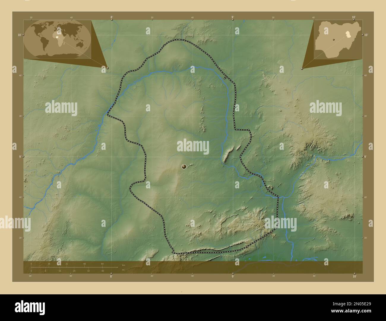 Gombe, state of Nigeria. Colored elevation map with lakes and rivers ...