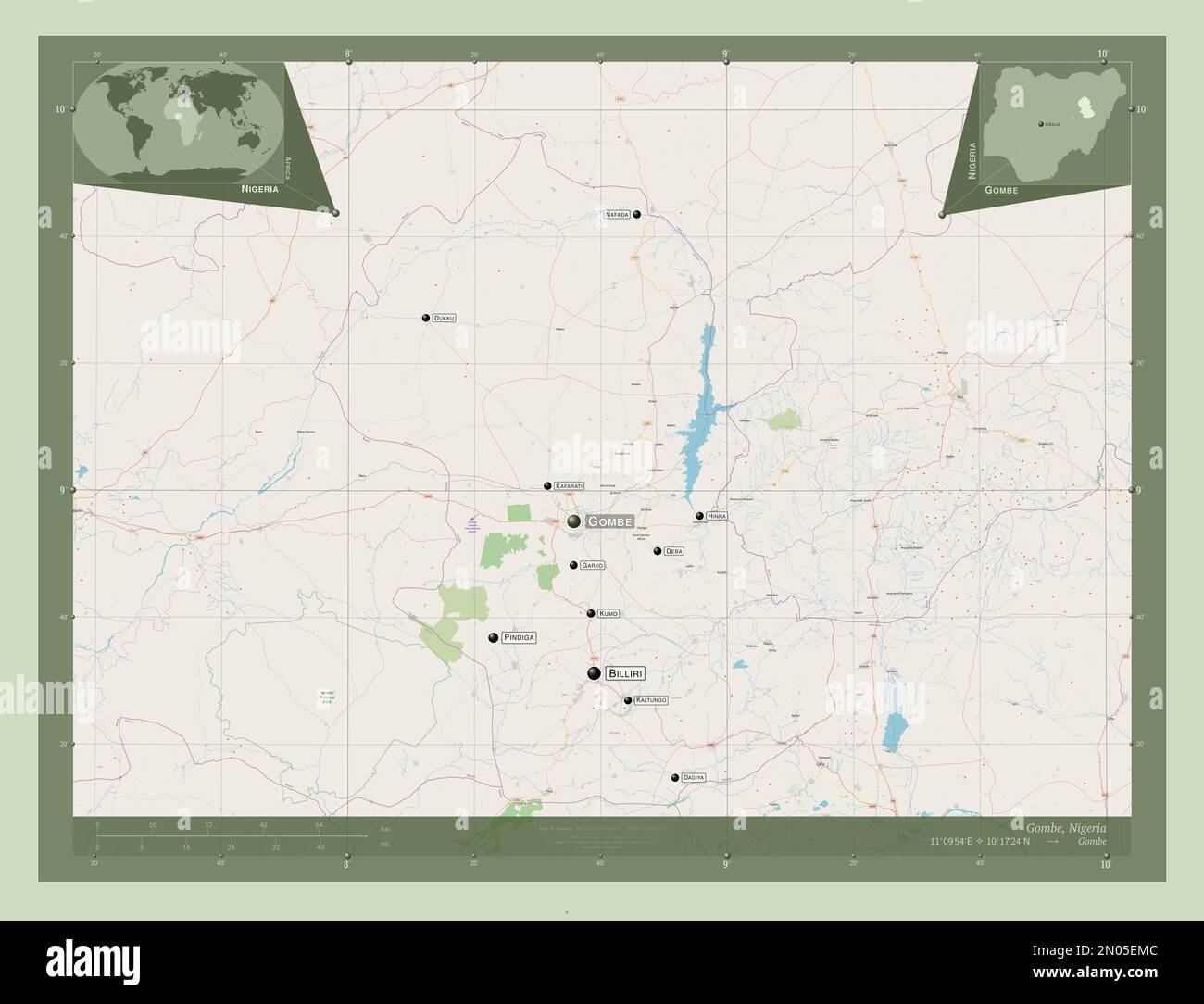 Gombe, state of Nigeria. Open Street Map. Locations and names of major ...