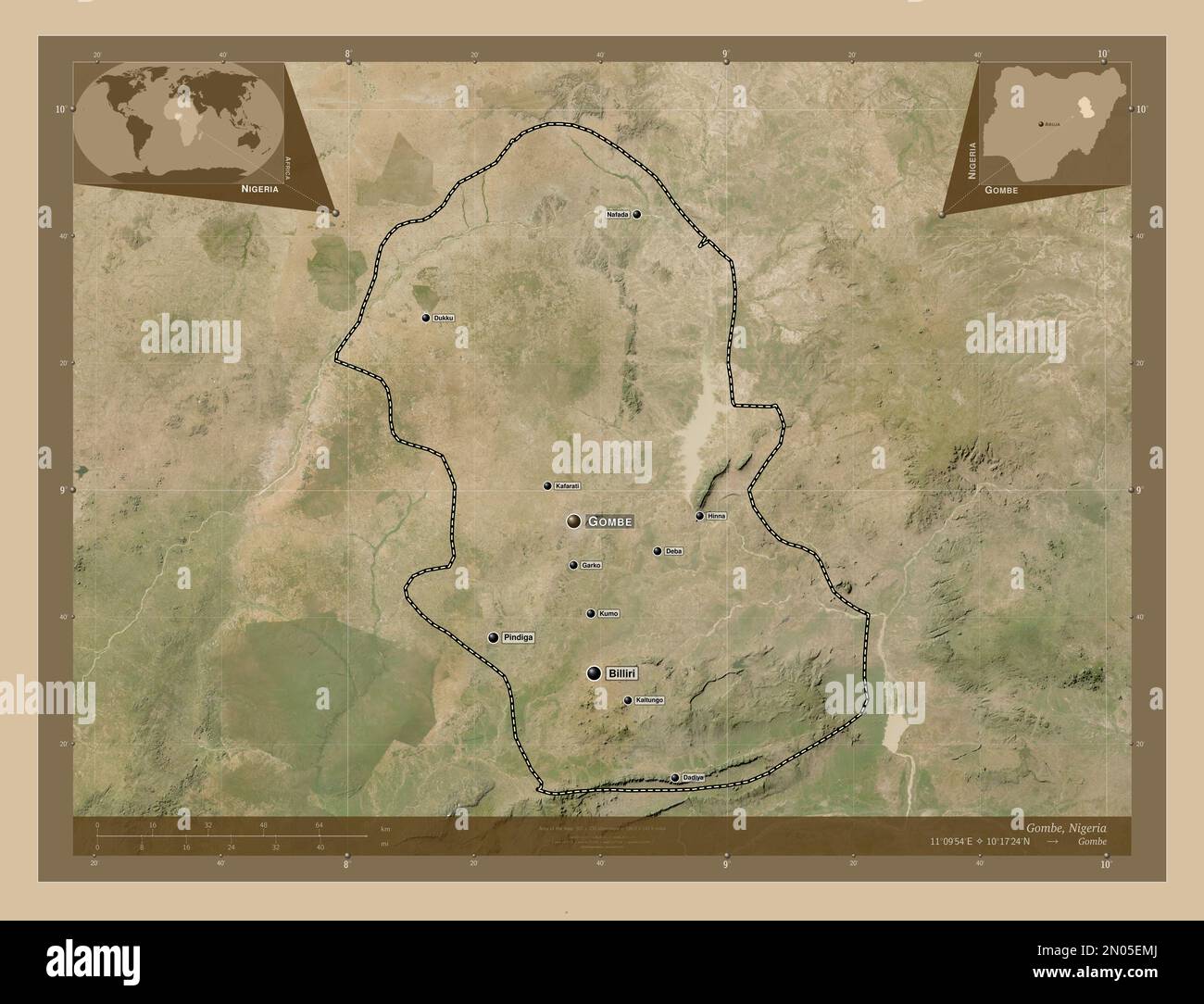 Gombe, state of Nigeria. Low resolution satellite map. Locations and ...