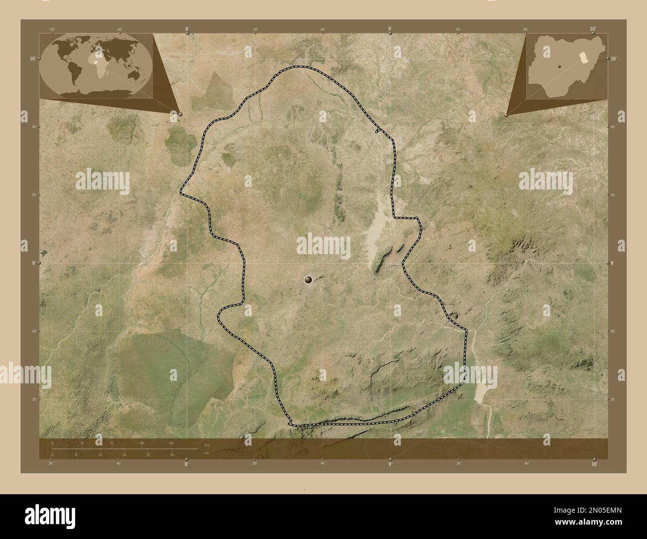 Gombe, state of Nigeria. Low resolution satellite map. Corner auxiliary ...