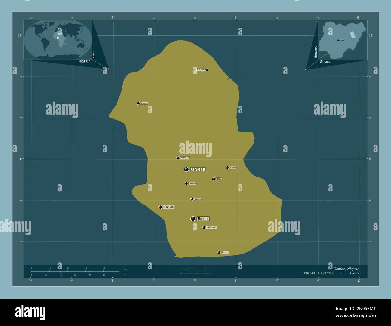 Gombe, state of Nigeria. Solid color shape. Locations and names of ...