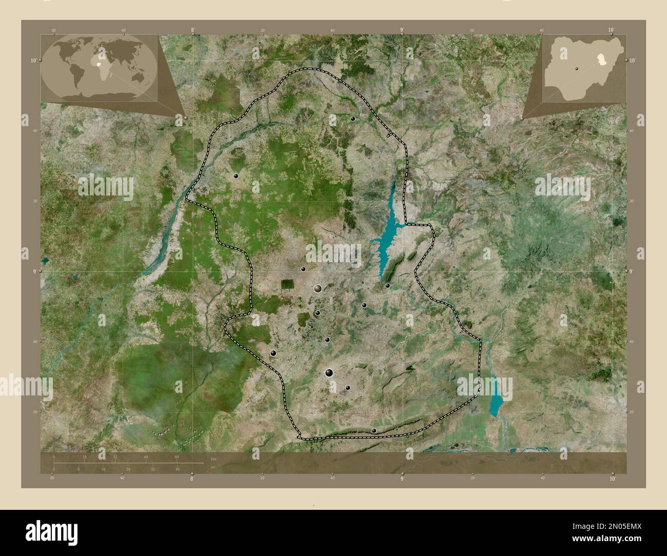 Gombe, state of Nigeria. High resolution satellite map. Locations of ...