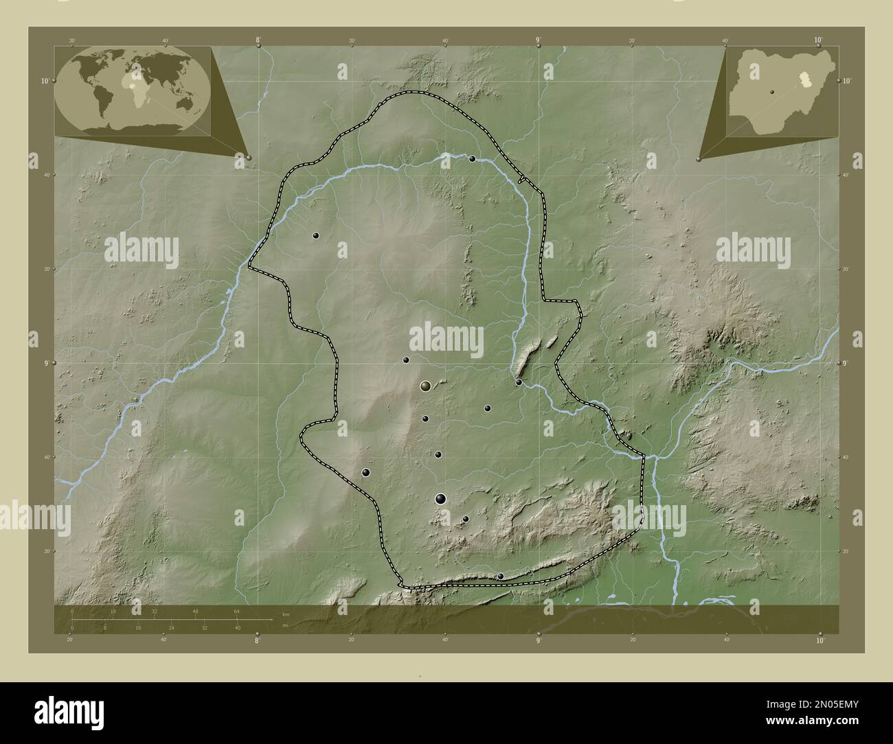 Gombe, state of Nigeria. Elevation map colored in wiki style with lakes ...