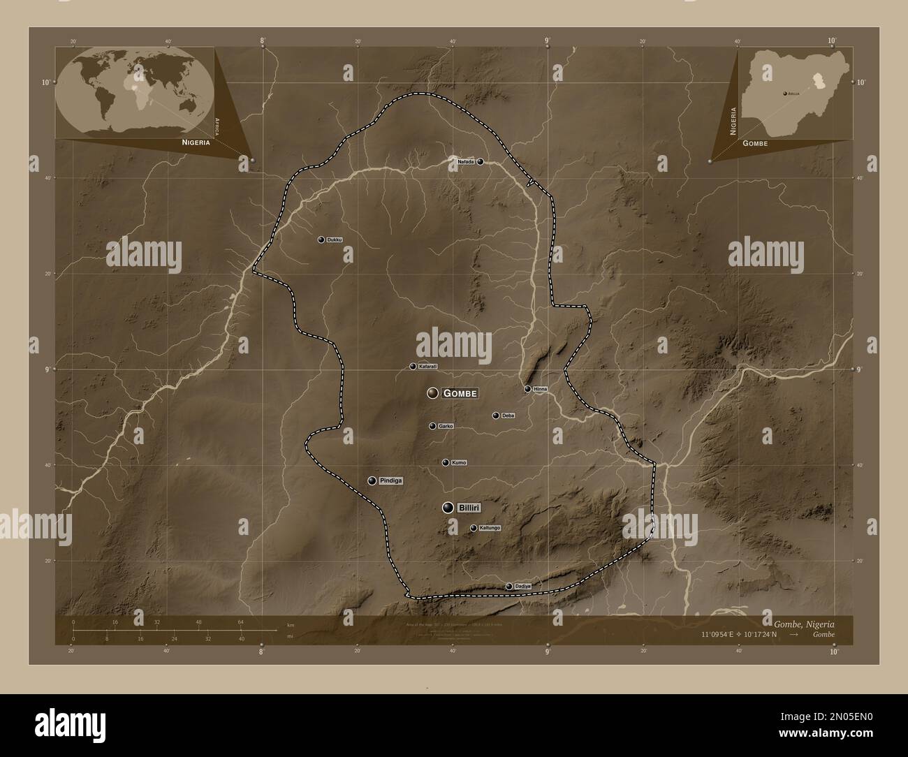 Gombe, state of Nigeria. Elevation map colored in sepia tones with ...