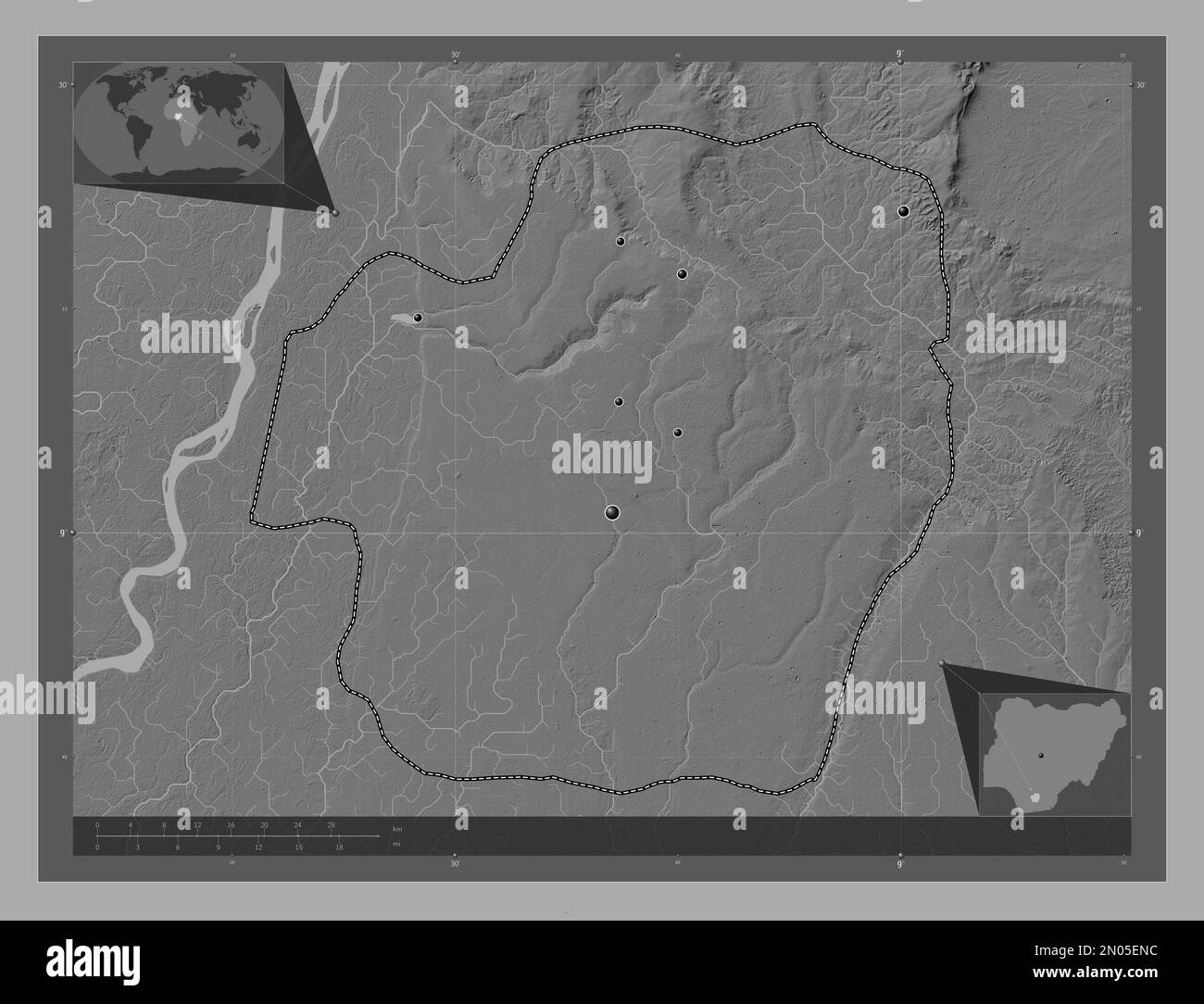 Imo, state of Nigeria. Bilevel elevation map with lakes and rivers ...