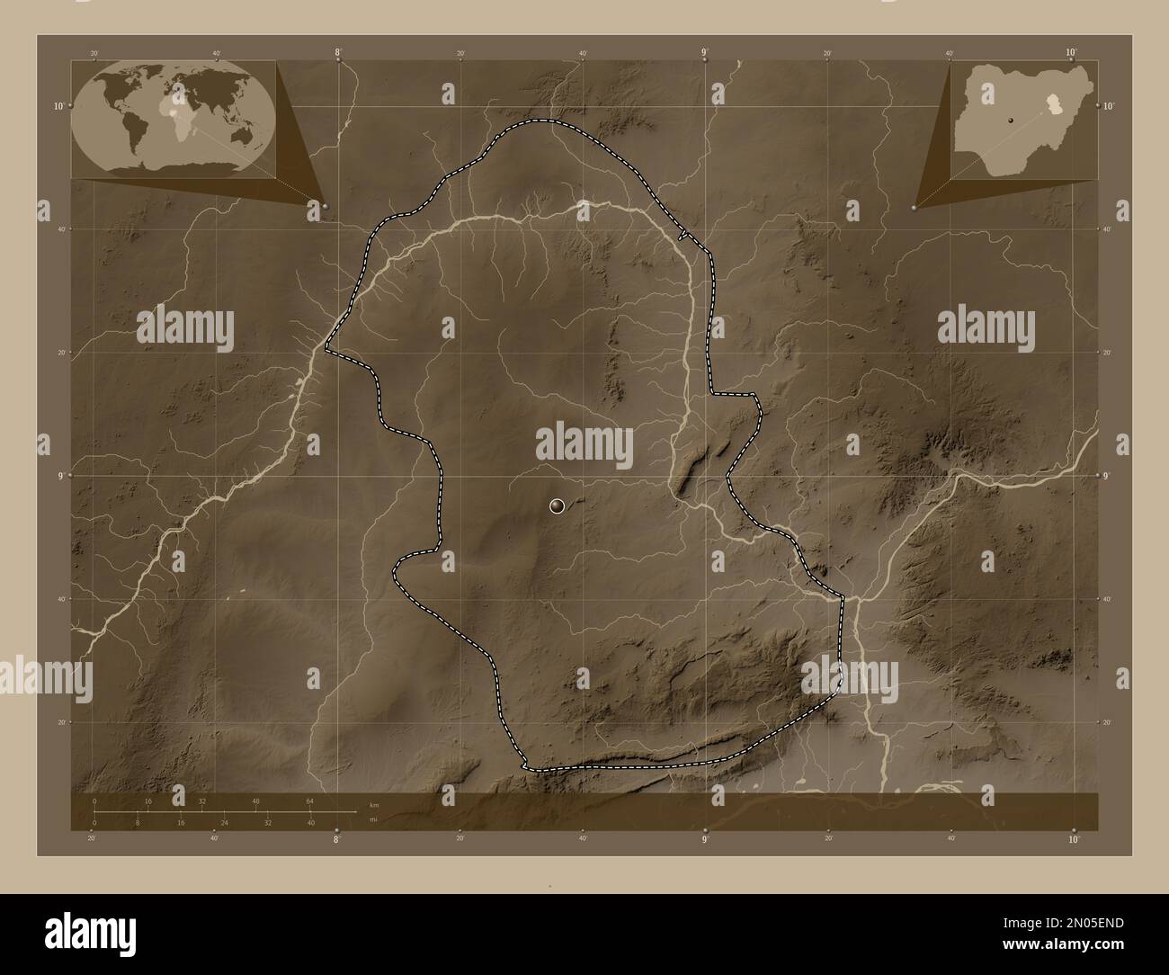 Gombe, state of Nigeria. Elevation map colored in sepia tones with ...